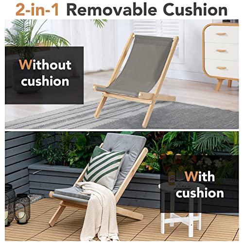 Tangkula Folding Sling Chair, Outdoor Wood Portable Beach Chair with 3-Positions Adjustable Backrest, Patio Lounge Chair with Thick Cushion for Yard Poolside Balcony (2)