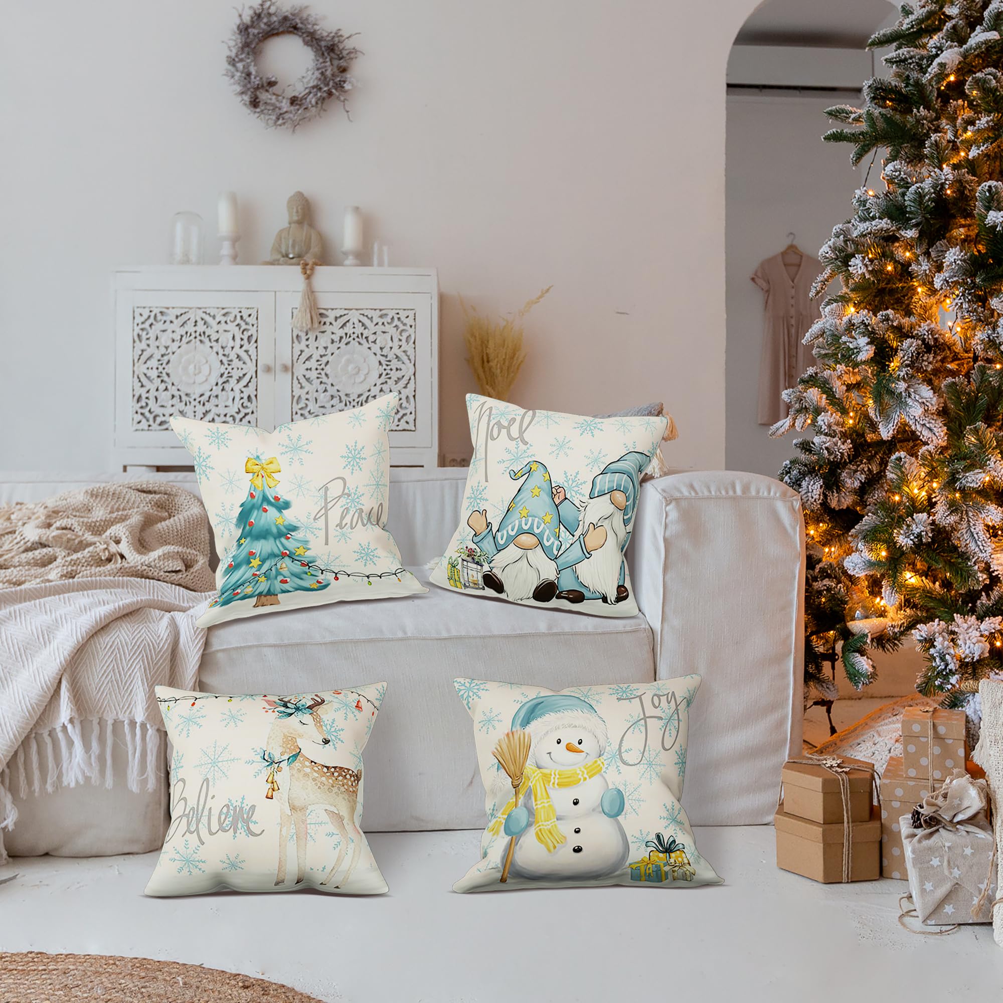 LITIVY Christmas Pillow Covers 18x18 Set of 4 for Xmas Decorative Pillowcase Winter Holiday Throw Cushion Case for Sofa Couch Home Farmhouse Decor (Christmas Tree Snowman Gnome Deer) (18"x18", Blue)