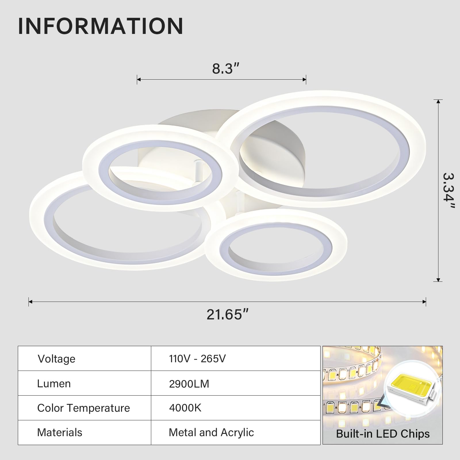ZUYURT Modern LED Ceiling Light, White Flush Mount Ceiling Light, 4 Rings Close to Ceiling Lamp Lighting Fixture for Kitchen, Living Room, Bedroom, Laundry Room, 4000K
