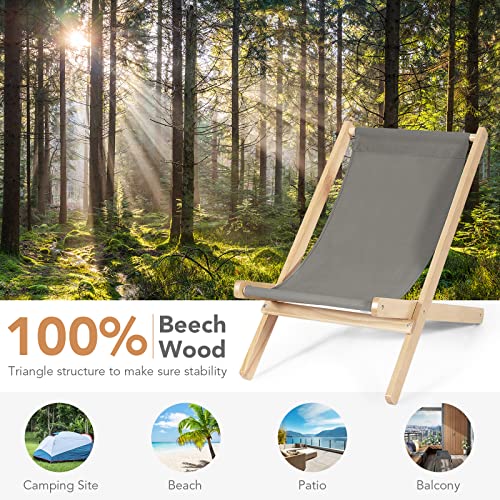 Tangkula Folding Sling Chair, Outdoor Wood Portable Beach Chair with 3-Positions Adjustable Backrest, Patio Lounge Chair with Thick Cushion for Yard Poolside Balcony (2)