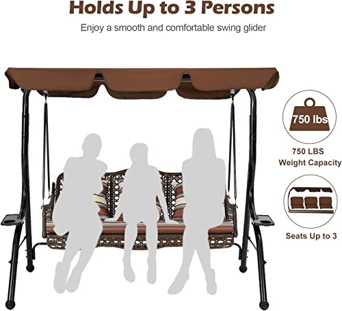 AECOJOY 3-Seat Proch Swing Chair, Patio Swing with Canopy, 2 Side Trays, 3 Pillows & Removable Cushion, Patio Wicker Swing with Stand Outdoor Swings for Adults, Balcony, Garden, Deck(Brown Rattan)