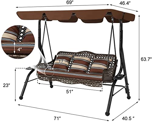 AECOJOY 3-Seat Proch Swing Chair, Patio Swing with Canopy, 2 Side Trays, 3 Pillows & Removable Cushion, Patio Wicker Swing with Stand Outdoor Swings for Adults, Balcony, Garden, Deck(Brown Rattan)