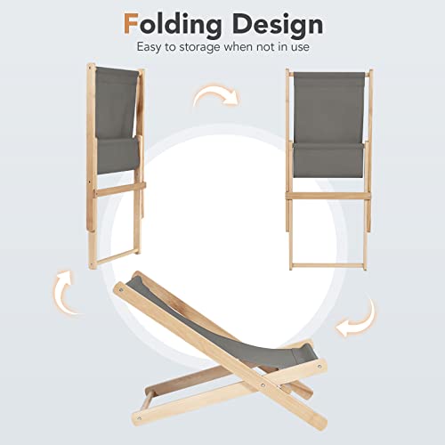 Tangkula Folding Sling Chair, Outdoor Wood Portable Beach Chair with 3-Positions Adjustable Backrest, Patio Lounge Chair with Thick Cushion for Yard Poolside Balcony (2)