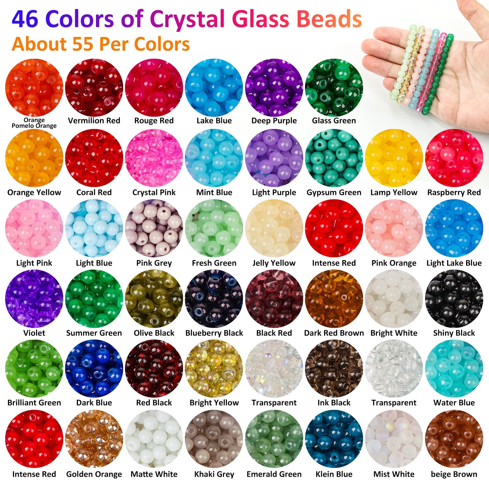 XSEINO 2500 PCS 46 Colors Glass Beads,6mm Round Crystal Beads for Jewelry Making,for Bracelets Jewelry Making and DIY Crafts