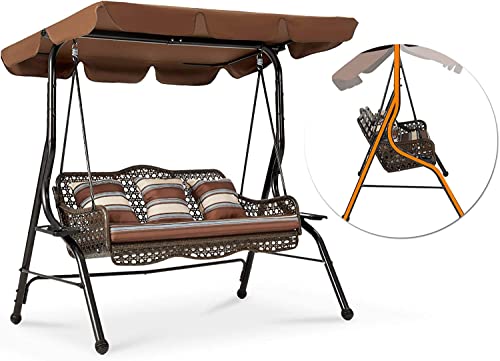 AECOJOY 3-Seat Proch Swing Chair, Patio Swing with Canopy, 2 Side Trays, 3 Pillows & Removable Cushion, Patio Wicker Swing with Stand Outdoor Swings for Adults, Balcony, Garden, Deck(Brown Rattan)