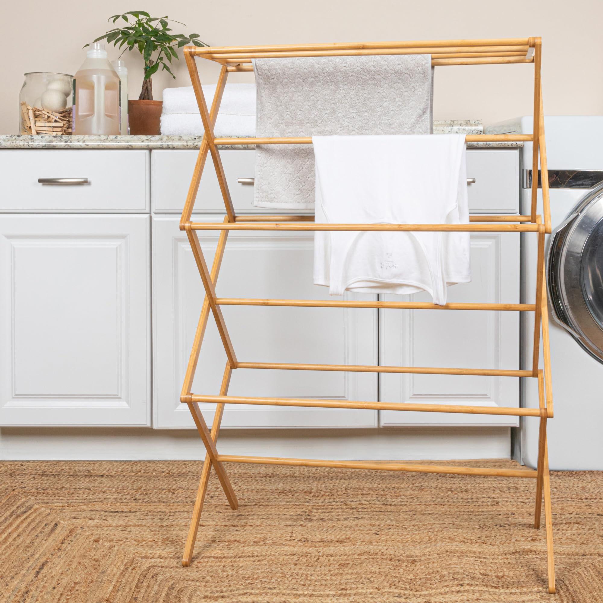 Household Essentials 6524 Tall Indoor Folding Wooden Clothes Drying Rack | Dry Laundry and Hang Clothes | Bamboo