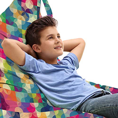 Lunarable Vintage Modern Lounger Chair Bag, Intertwined Circles Pattern with Checkered Squares Rainbow Colored Design, High Capacity Storage with Handle Container, Lounger Size, Multicolor