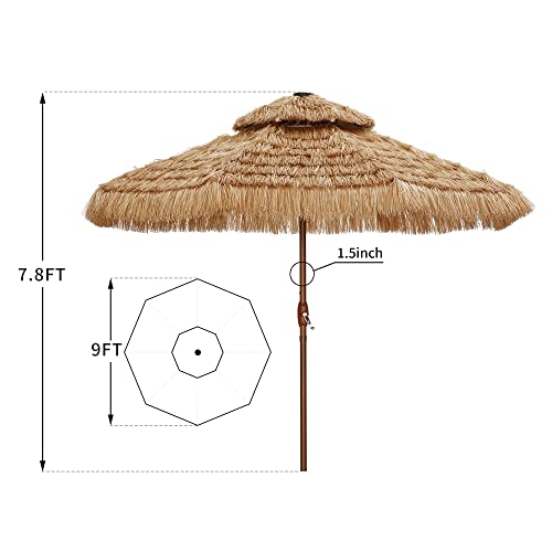 9ft 2Tier Outdoor Thatched Tiki Umbrella with Tilt Hand crank,32 built-in LED lights Hawaiian Style Beach Patio Umbrella (9FT(wood))