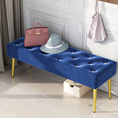 Lamerge Velvet Entryway Bench, Modern Upholstered Tufted Ottoman Stool with Embedded Crystal, Footrest Accent Bench end of Bed Stool for Doorway, Living Room, Lock Room, Bedroom 44"Ă15"Ă18" (Blue)