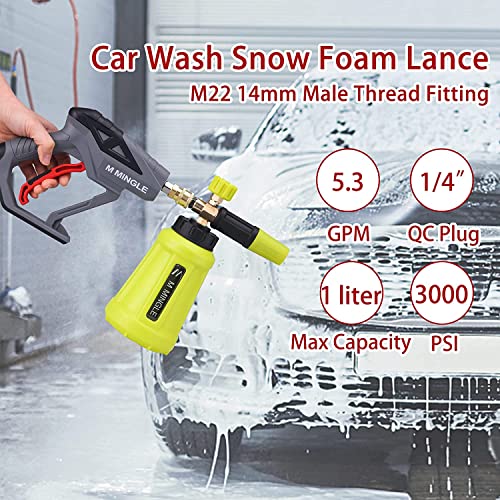M MINGLE High Pressure Washer Gun Snow Foam Lance, 4000 PSI Cannon Foam Blaster Power Washer with 1/4" Quick Connector, Car Wash Foam Cannon Kit with 5 Pressure Washer Nozzle Tips, 1 Liter
