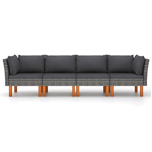 4-Seater Patio Sofa with Cushion | 4 Piece Garden Sofa | Outdoor Patio Couch | Rattan Bench Couch for Outside Balcony, Deck, Porch, Backyard and Poolside | Anthracite Cushion and Gray Poly Rattan