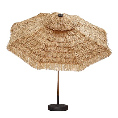 9ft 2Tier Outdoor Thatched Tiki Umbrella with Tilt Hand crank,32 built-in LED lights Hawaiian Style Beach Patio Umbrella (9FT(wood))
