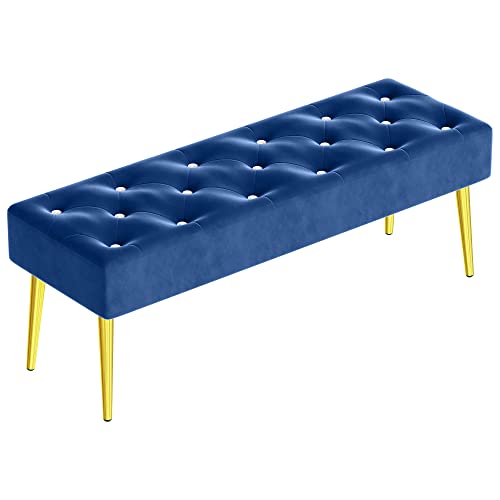 Lamerge Velvet Entryway Bench, Modern Upholstered Tufted Ottoman Stool with Embedded Crystal, Footrest Accent Bench end of Bed Stool for Doorway, Living Room, Lock Room, Bedroom 44"×15"×18" (Blue)