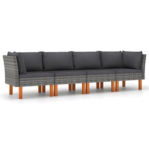 4-Seater Patio Sofa with Cushion | 4 Piece Garden Sofa | Outdoor Patio Couch | Rattan Bench Couch for Outside Balcony, Deck, Porch, Backyard and Poolside | Anthracite Cushion and Gray Poly Rattan