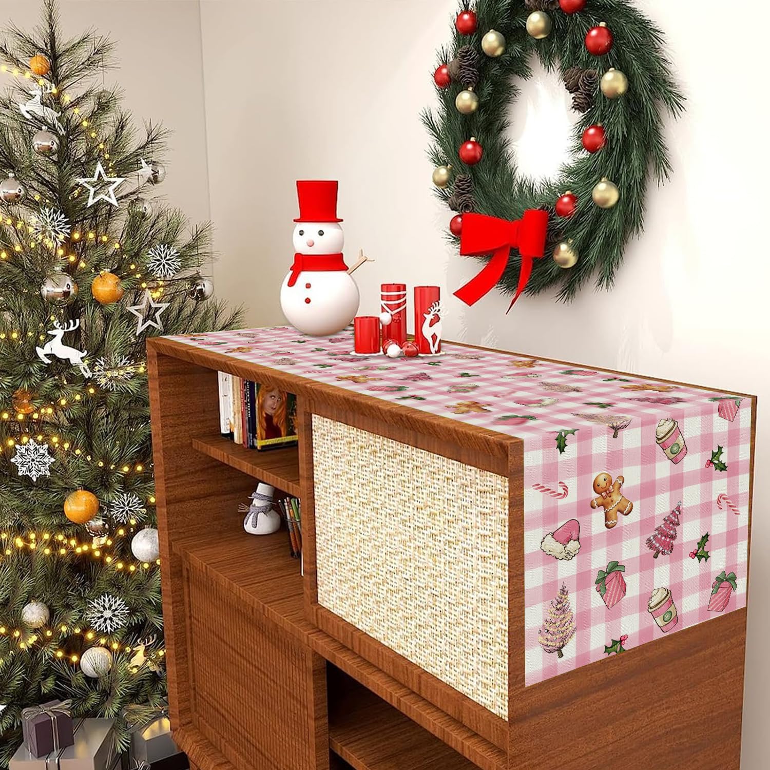 Christmas Table Runner Pink Plaid Tree Gingerbread Candy Xmas 13 x 72 Inch Winter Holiday Home Kitchen Merry Christmas Table Decor