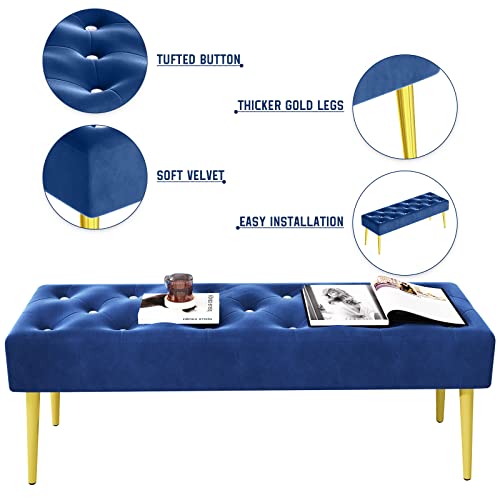 Lamerge Velvet Entryway Bench, Modern Upholstered Tufted Ottoman Stool with Embedded Crystal, Footrest Accent Bench end of Bed Stool for Doorway, Living Room, Lock Room, Bedroom 44"×15"×18" (Blue)