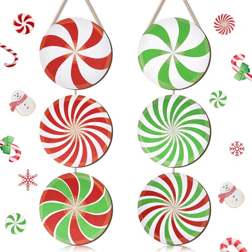 2 Pack Christmas Wooden Sign - Red, White & Green Candy Mint Sugar Double Swirl Door Sign for Front Door Hanging Decorations for Farmhouse Porch Decor