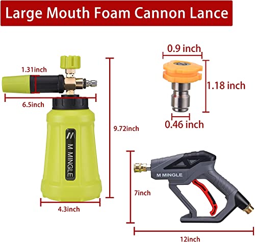 M MINGLE High Pressure Washer Gun Snow Foam Lance, 4000 PSI Cannon Foam Blaster Power Washer with 1/4" Quick Connector, Car Wash Foam Cannon Kit with 5 Pressure Washer Nozzle Tips, 1 Liter