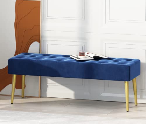 Lamerge Velvet Entryway Bench, Modern Upholstered Tufted Ottoman Stool with Embedded Crystal, Footrest Accent Bench end of Bed Stool for Doorway, Living Room, Lock Room, Bedroom 44"×15"×18" (Blue)