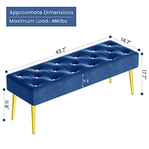 Lamerge Velvet Entryway Bench, Modern Upholstered Tufted Ottoman Stool with Embedded Crystal, Footrest Accent Bench end of Bed Stool for Doorway, Living Room, Lock Room, Bedroom 44"×15"×18" (Blue)