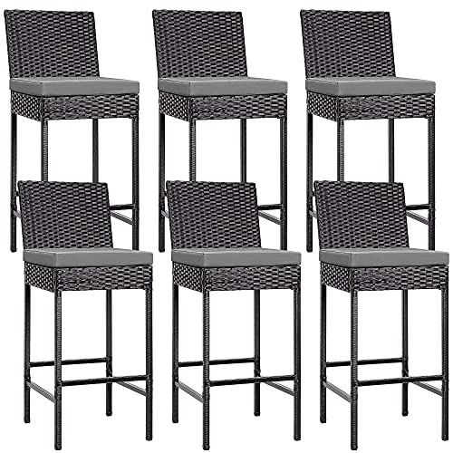 VIVOHOME 6 Packs Outdoor Wicker Barstool Patio Rattan Furniture with Cushions Black