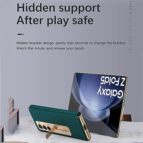 lefeda Leather Case for Samsung Galaxy Z Fold 5, Full Body Protection Electroplated Case with Tempered Glass Screen and Hidden Stand Shockproof Phone Cover,Gold
