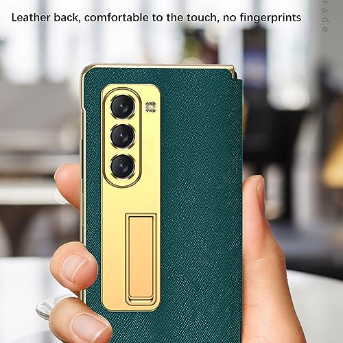 lefeda Leather Case for Samsung Galaxy Z Fold 5, Full Body Protection Electroplated Case with Tempered Glass Screen and Hidden Stand Shockproof Phone Cover,Gold
