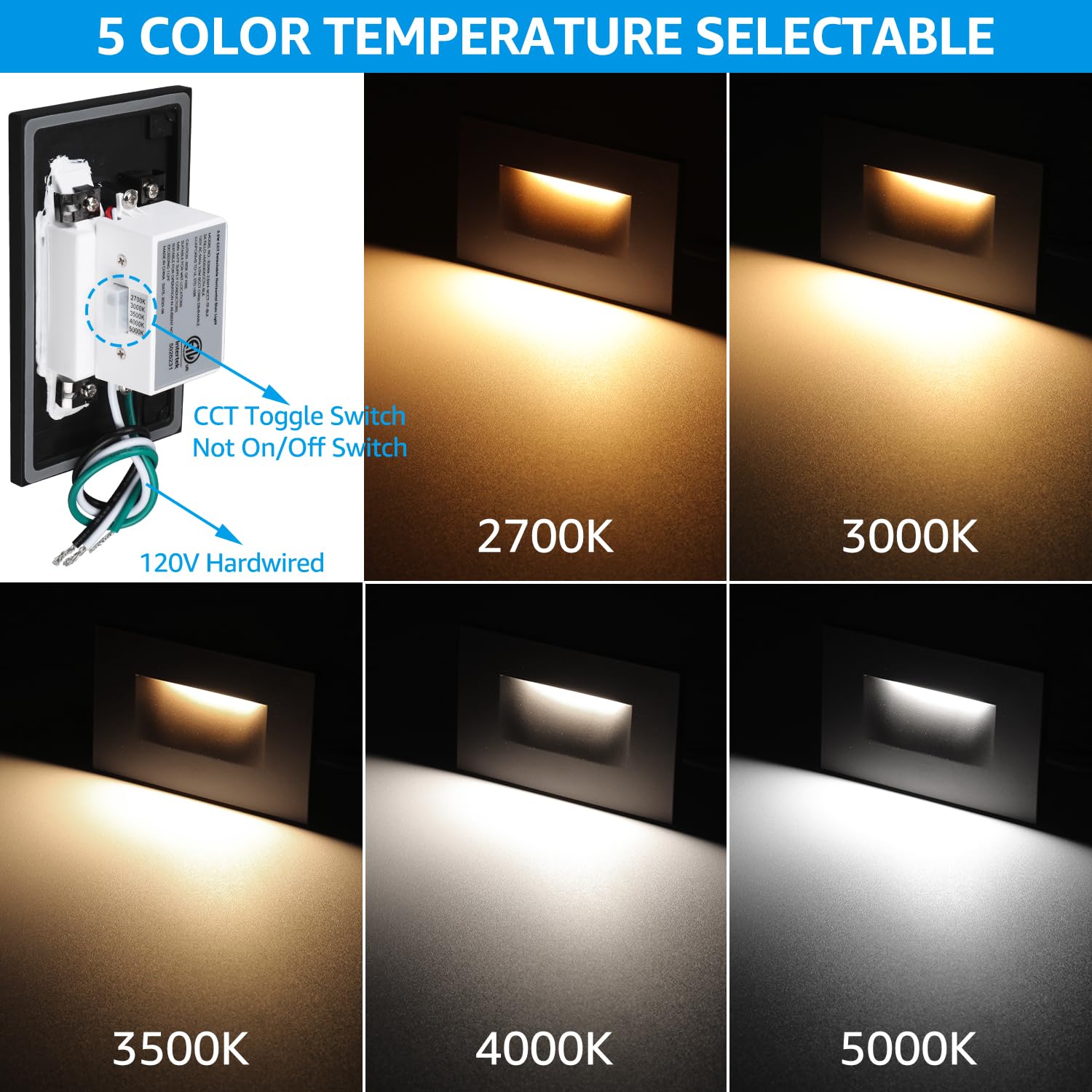LEONLITE 12-Pack Black 5CCT 120V LED Step Lights, 150LM 5%-100% Dimmable Stair Lights Indoor Outdoor Wet Location, CRI90+ & ETL, 2700K/3000K/3500K/4000K/5000K Aluminum Staircase Lights