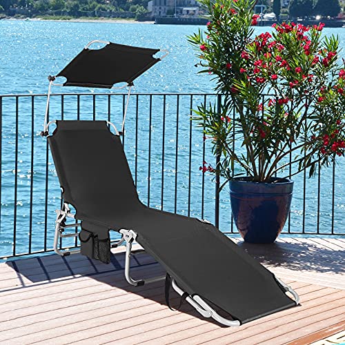Goplus Lounge Chaise Chair, Foldable 5-Position Adjustable Tanning Sun Bating Chair w/ 360°Canopy & Side Pocket, Outdoor Beach Recliner for Garden Yard Pool Side (1, Black)