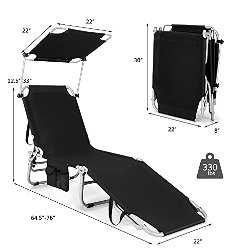 Goplus Lounge Chaise Chair, Foldable 5-Position Adjustable Tanning Sun Bating Chair w/ 360°Canopy & Side Pocket, Outdoor Beach Recliner for Garden Yard Pool Side (1, Black)