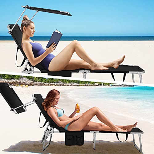 Goplus Lounge Chaise Chair, Foldable 5-Position Adjustable Tanning Sun Bating Chair w/ 360°Canopy & Side Pocket, Outdoor Beach Recliner for Garden Yard Pool Side (1, Black)
