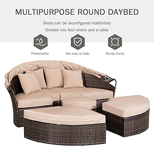 Cemeon Outdoor Round Daybed with Retractable Canopy, Brown Wicker Patio Furniture daybed Sets with Cushions for Patio, Backyard, Poolside