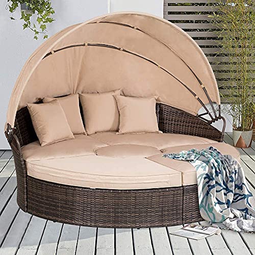 Cemeon Outdoor Round Daybed with Retractable Canopy, Brown Wicker Patio Furniture daybed Sets with Cushions for Patio, Backyard, Poolside