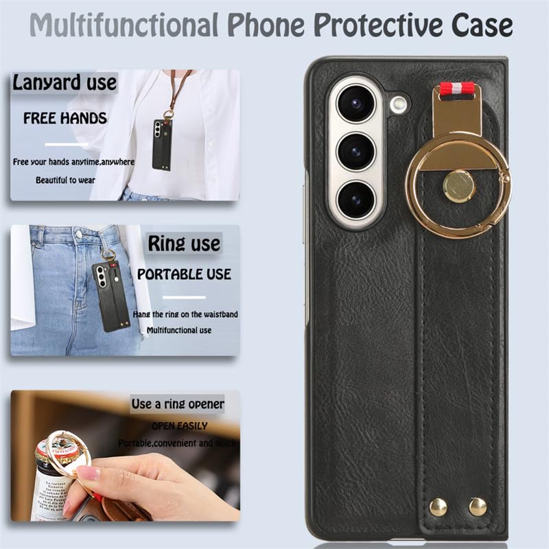 lefeda Leather Case for Samsung Galaxy Z Fold 5, Slim Case with Ring and Neck Lanyard Soft Anti-Scratch Microfiber Lining,Green