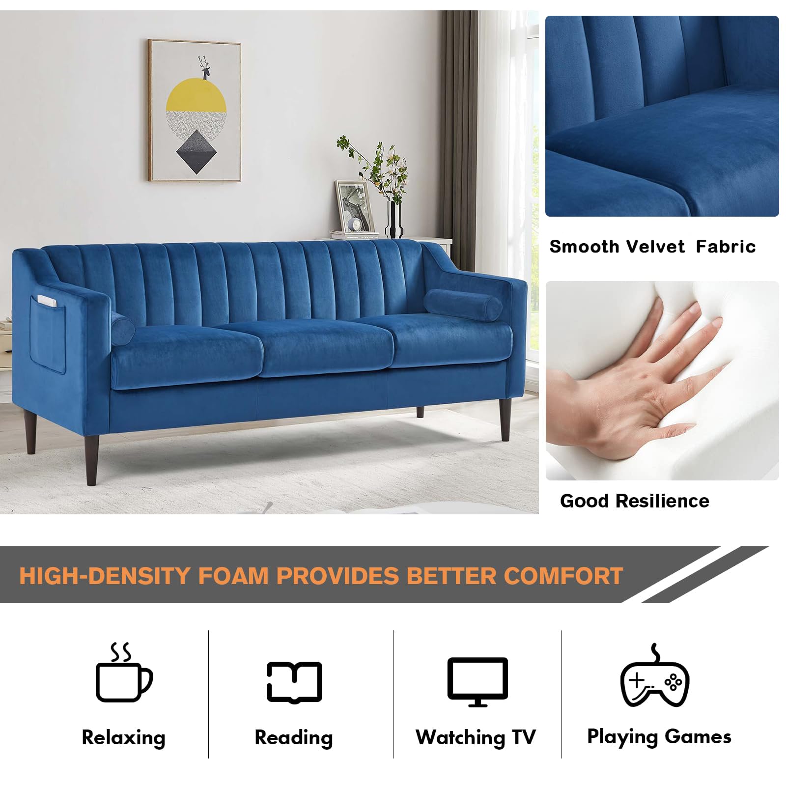 3 Seater Velvet Chesterfield Sofa, 77" Mid-Century Tufted Comfortable Upholstered Sofa Couch with Storage Side Pocket for Living Room Bedroom Office Apartment (Blue)