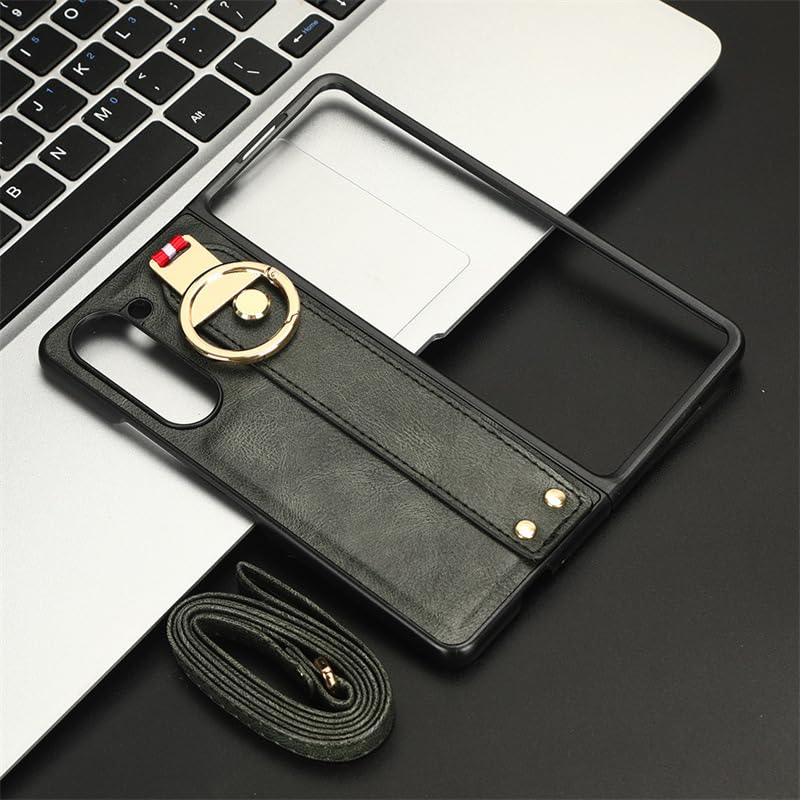 lefeda Leather Case for Samsung Galaxy Z Fold 5, Slim Case with Ring and Neck Lanyard Soft Anti-Scratch Microfiber Lining,Green