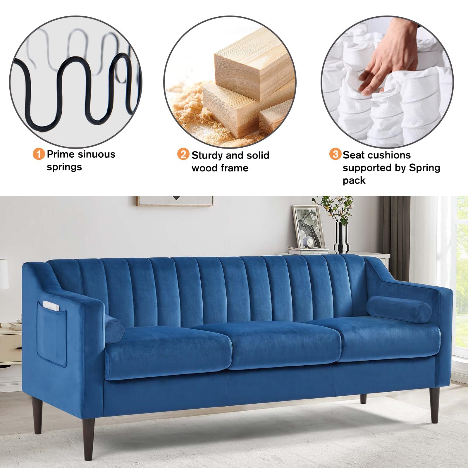 3 Seater Velvet Chesterfield Sofa, 77" Mid-Century Tufted Comfortable Upholstered Sofa Couch with Storage Side Pocket for Living Room Bedroom Office Apartment (Blue)