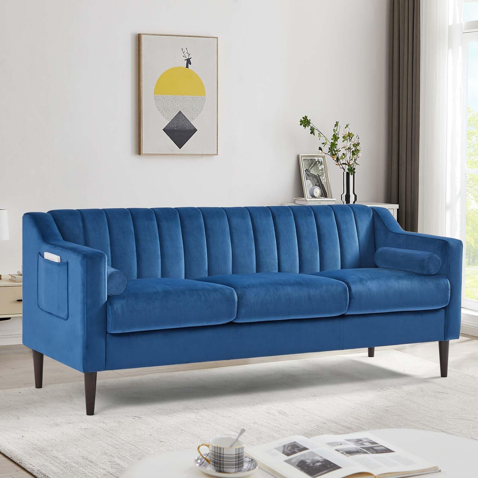 3 Seater Velvet Chesterfield Sofa, 77" Mid-Century Tufted Comfortable Upholstered Sofa Couch with Storage Side Pocket for Living Room Bedroom Office Apartment (Blue)