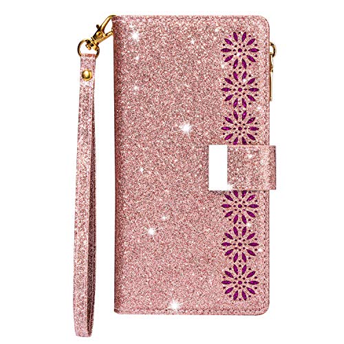 lefeda Wallet Case for Samsung Galaxy Z Fold 5, Sparkle Glitter PU Leather Phone Cover with Zipper Purse Card Slot and Wrist Strap Case for Women Girls,Gold