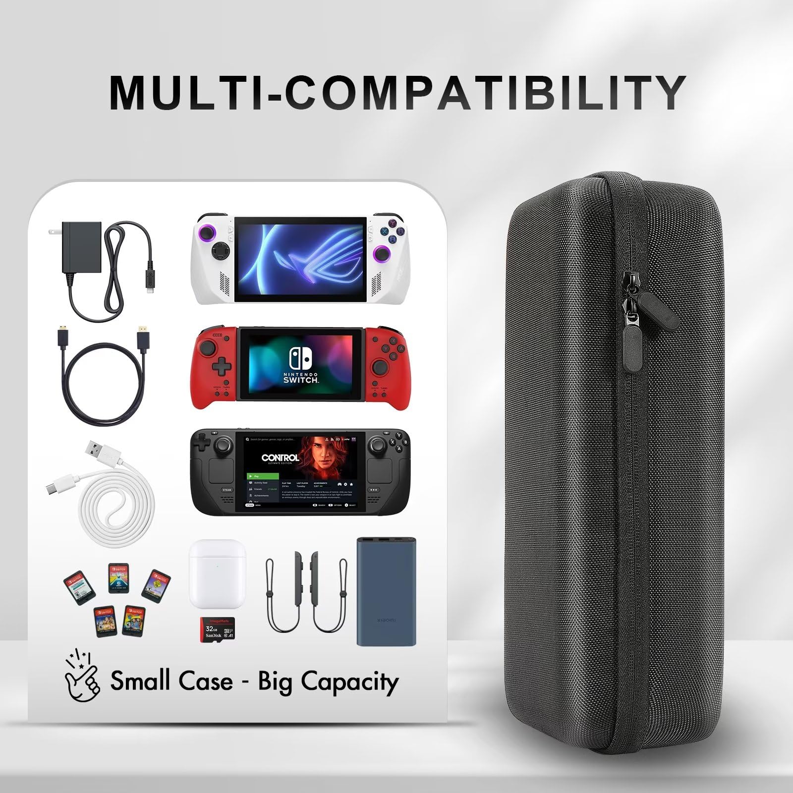 Gepicest Carrying Case for Steam Deck Rog Ally Switch Oled Hori Split Pad Pro Handheld Console Gaming Accessories Dock Station AC Charger Large Travel Portable Game Case Black