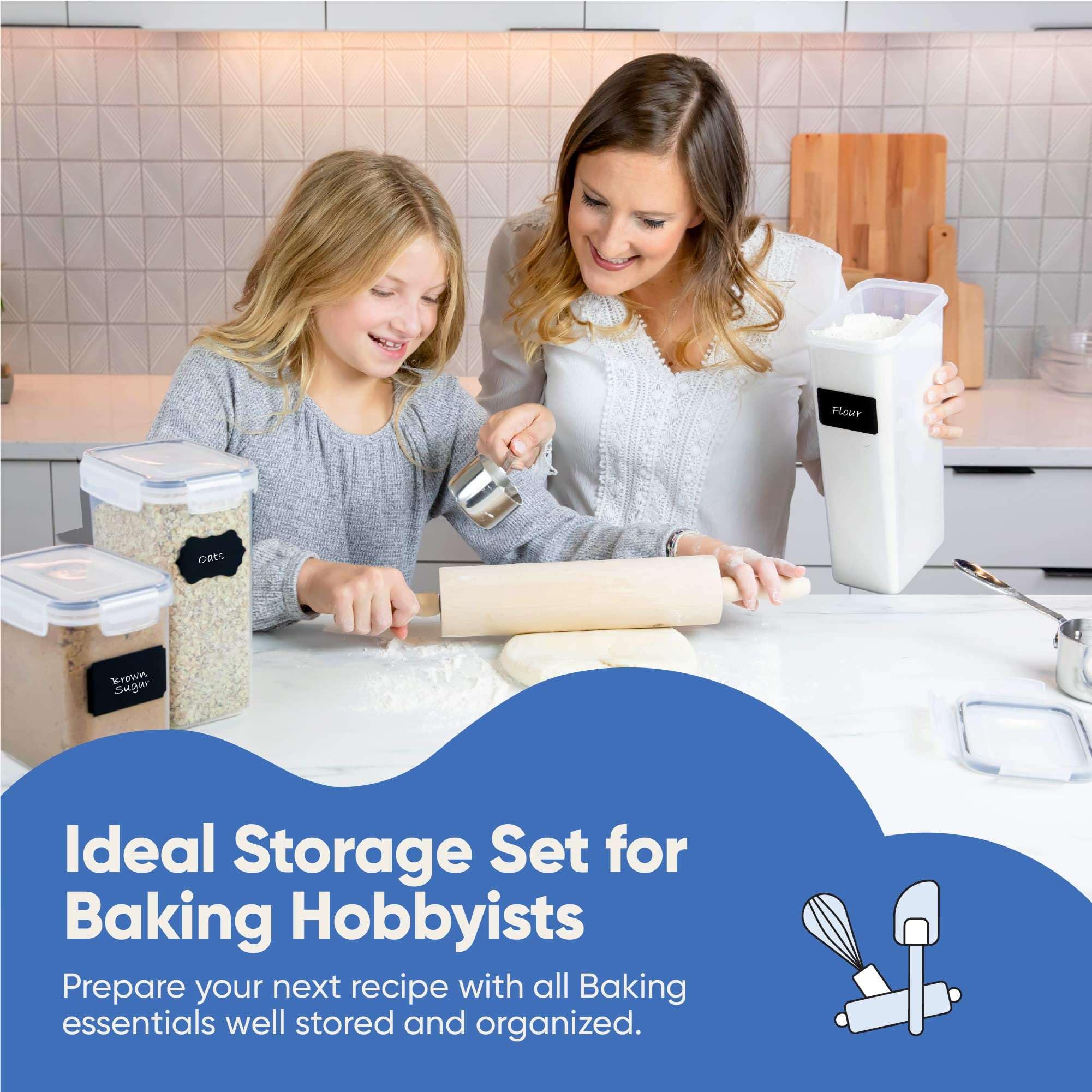 BellaCasa Essentials Airtight Food Storage Containers with Lids, 24 pcs Plastic Kitchen and Pantry Organization for Cereal, Dry Food, Sugar and Snacks, BPA free Includes Spoon, 24 Labels, Marker