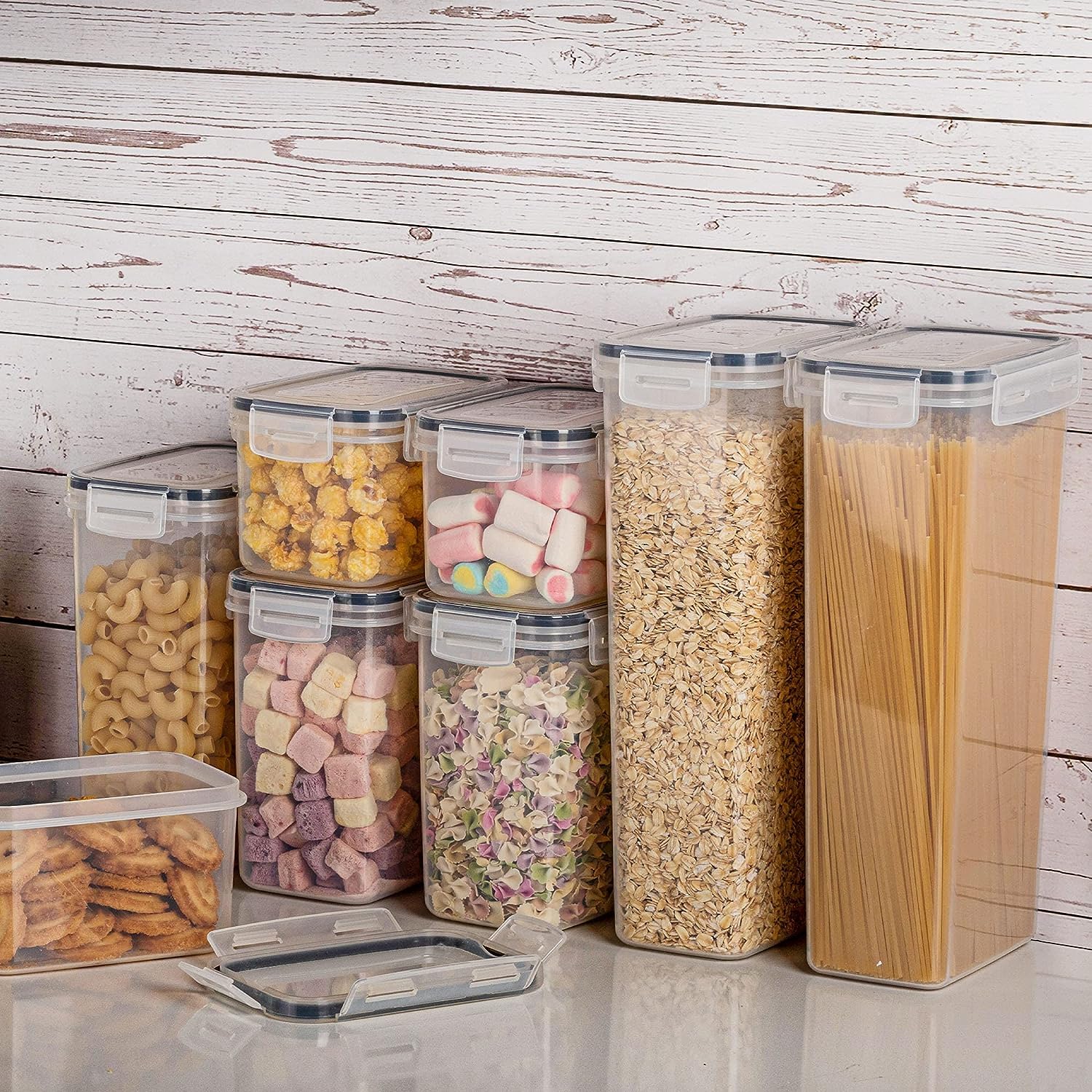 BellaCasa Essentials Airtight Food Storage Containers with Lids, 24 pcs Plastic Kitchen and Pantry Organization for Cereal, Dry Food, Sugar and Snacks, BPA free Includes Spoon, 24 Labels, Marker