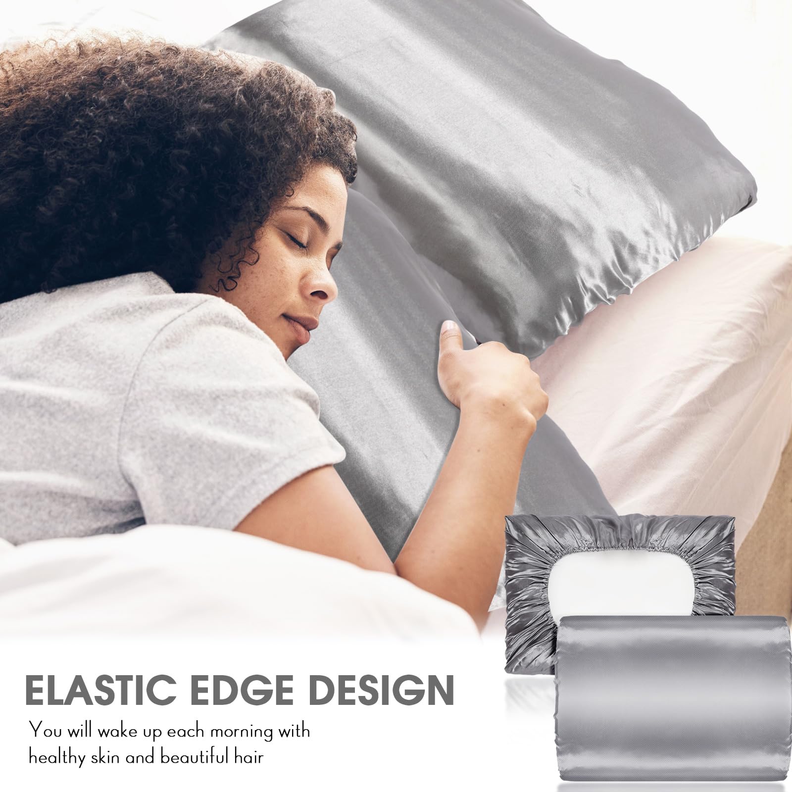 Buryeah 4 Pcs Satin Pillowcase for Hair and Skin with Elastic Band Soft Cooling Satin Pillowcases Queen Size(Dark Gray)