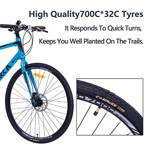 21 Speed Hybrid Bike Disc Brake 700C Road Bike for Men Women's City Bicycle (Blue)