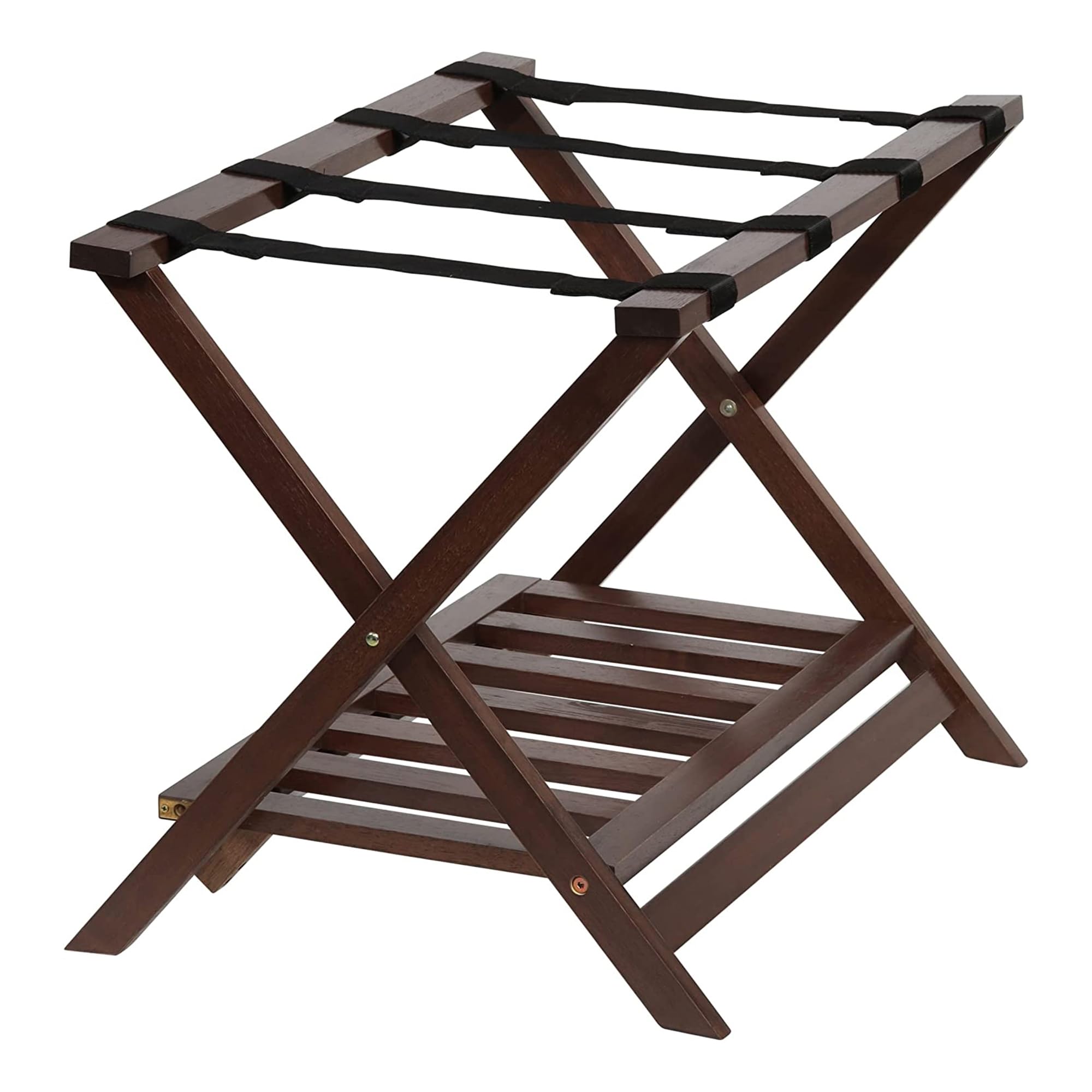 PJ Wood Portable Hotel Style Solid Wooden Folding Luggage Rack with Bottom Shoe Storage Shelf for House Guests or Travel, Walnut (2 Pack)