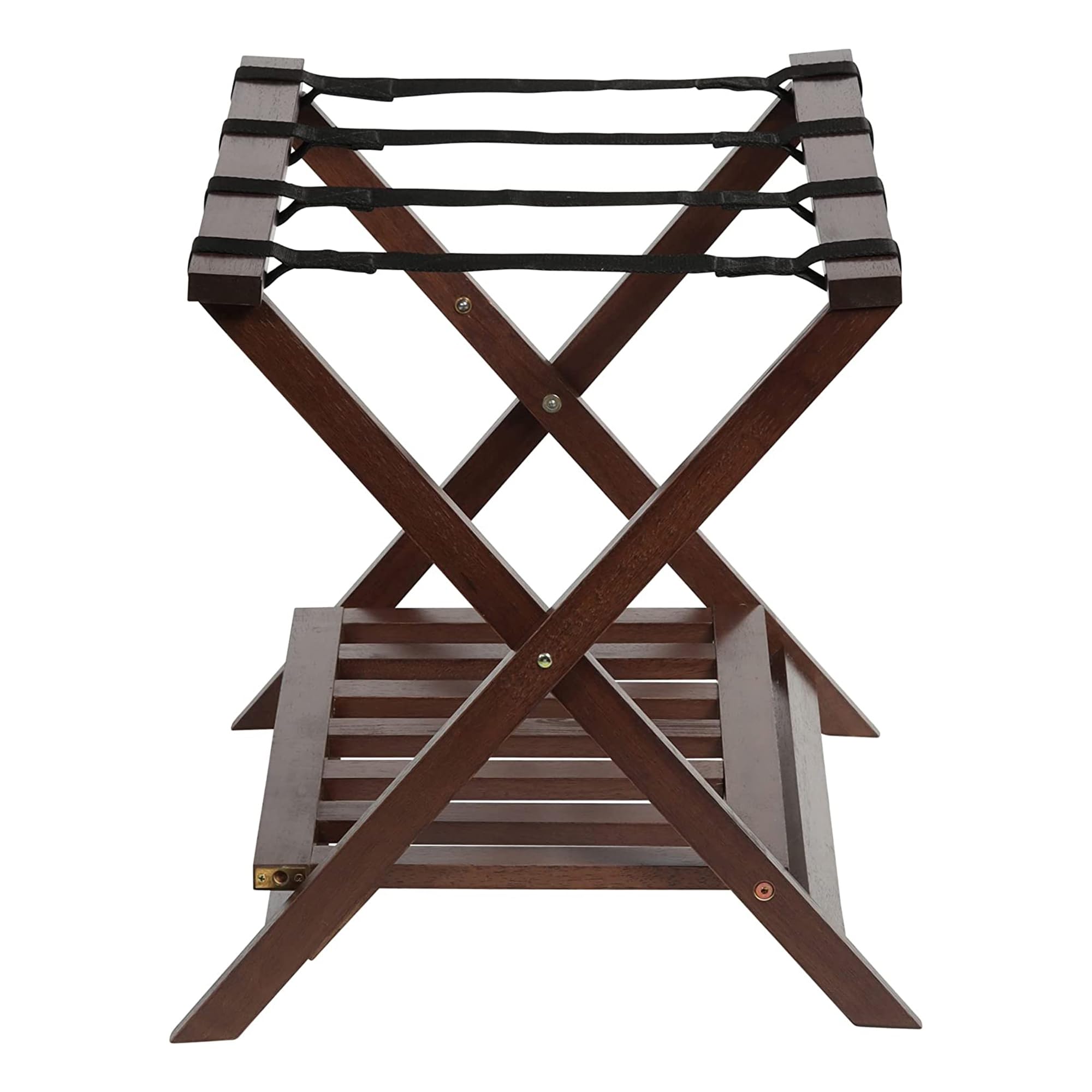 PJ Wood Portable Hotel Style Solid Wooden Folding Luggage Rack with Bottom Shoe Storage Shelf for House Guests or Travel, Walnut (2 Pack)
