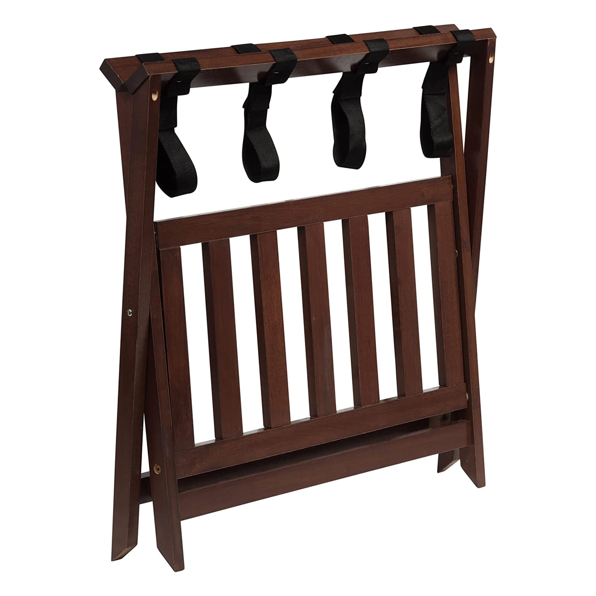 PJ Wood Portable Hotel Style Solid Wooden Folding Luggage Rack with Bottom Shoe Storage Shelf for House Guests or Travel, Walnut (2 Pack)