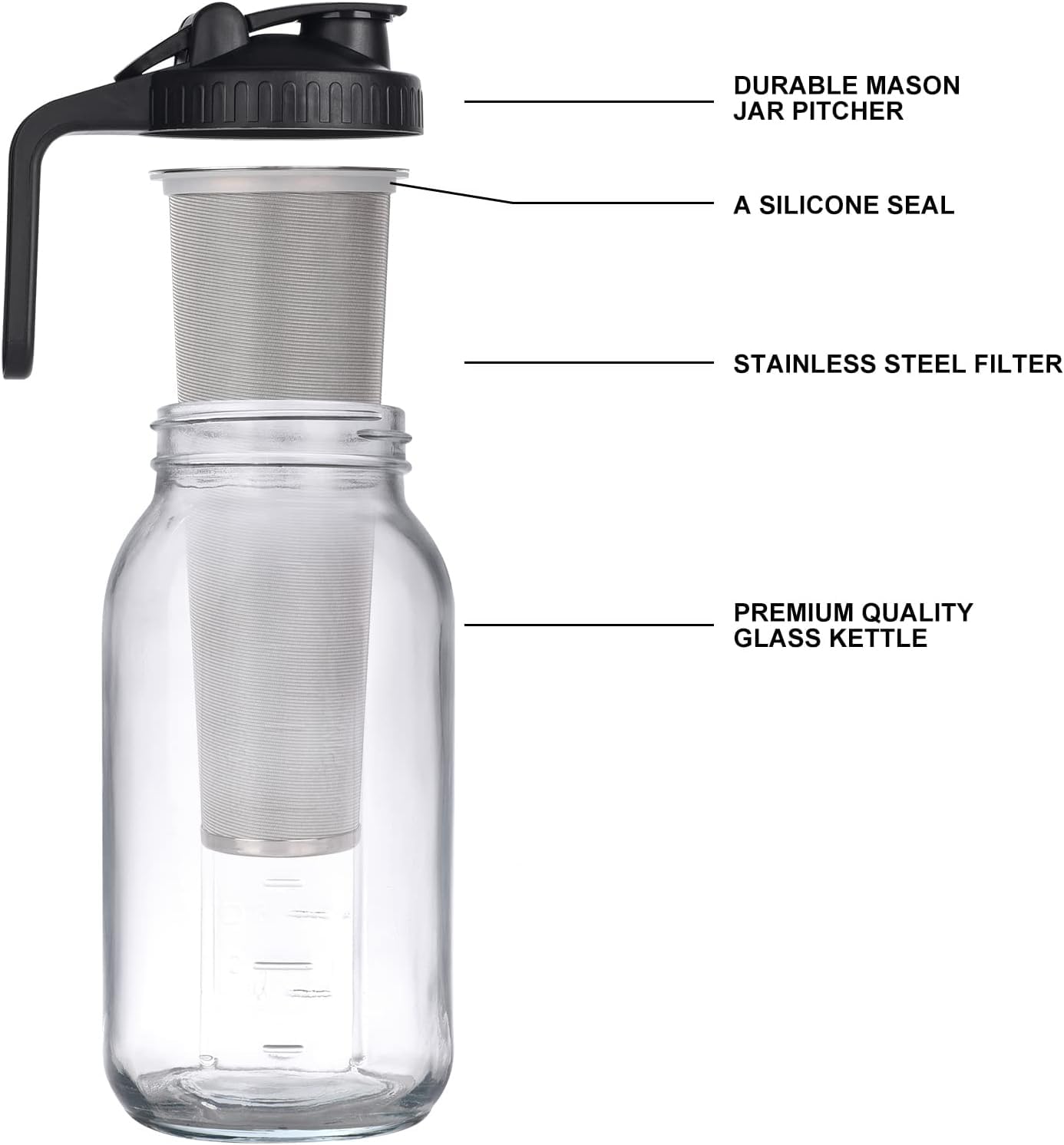 Cold Brew Coffee Maker Pitcher, 32 oz(1 Quart) Thick Glass Mason Jar with Heavy Duty Stainless Steel Filter & Handle for Iced Brew Coffee, Ice Lemonade, Sun Tea