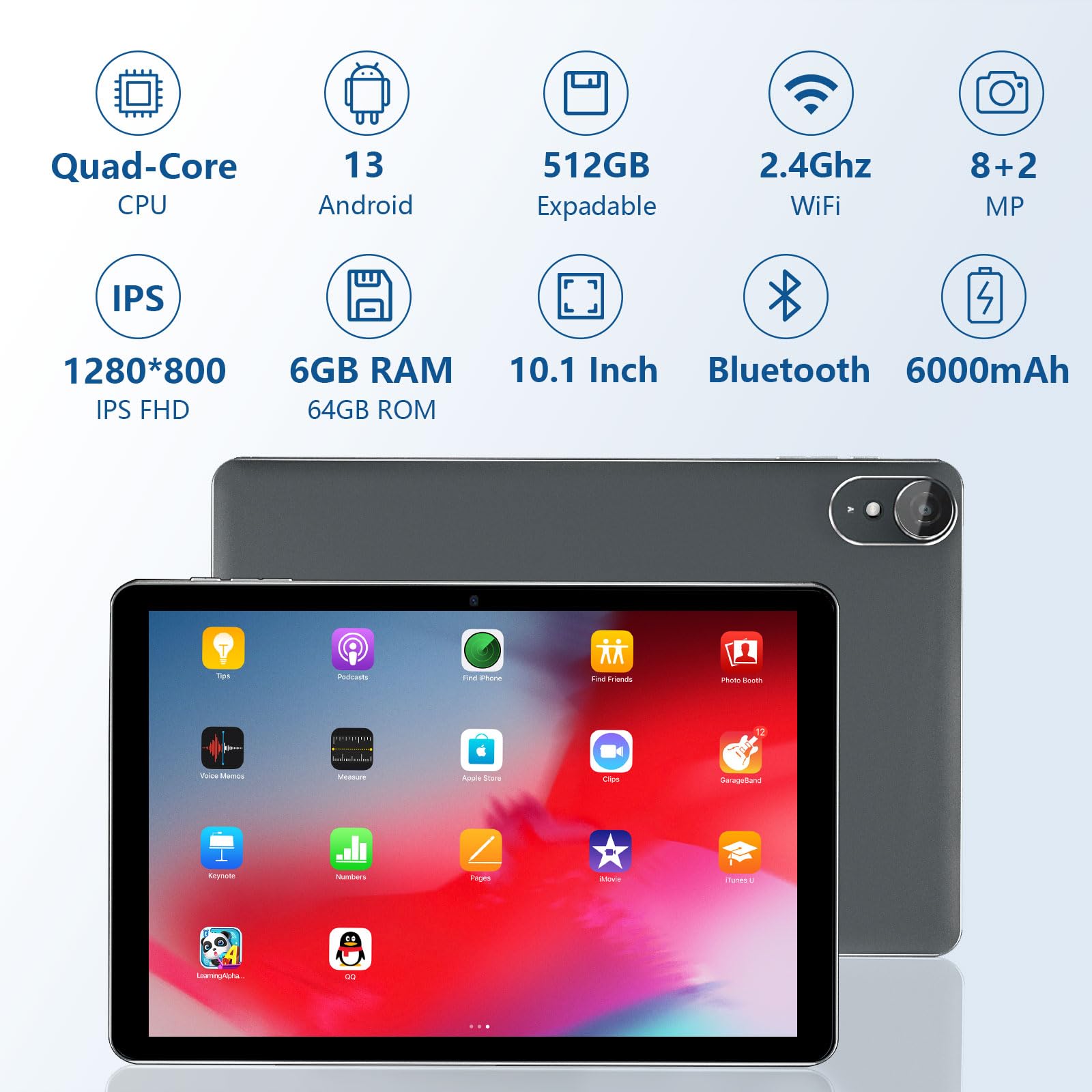 ECOPAD 10.1 inch Android 13 Tablet PC, 6GB RAM 64GB ROM 512GB Expand,Quad-Core Tablets,IPS HD Touch Screen and Dual Speakers,Google Certificated Wi-Fi Tablets,Dual Camera,6000mAh (Gray)