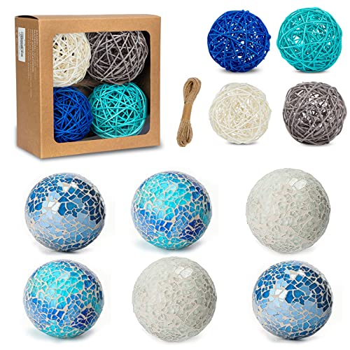 DomeStar 4 Inches Blue Cerulean White and Grey Wicker Rattan Balls Orbs and 6PCS 2.4 Inches Mosaic Glass Orbs